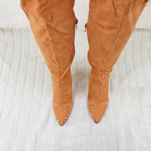 Pazzle | Shoes | Steph Camel Tan Suede Studded Chunky Heel Thigh High ...